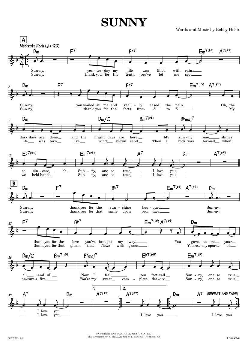 Sunny [lead sheet - Dm] Sheet music for Piano (Solo) | Musescore.com