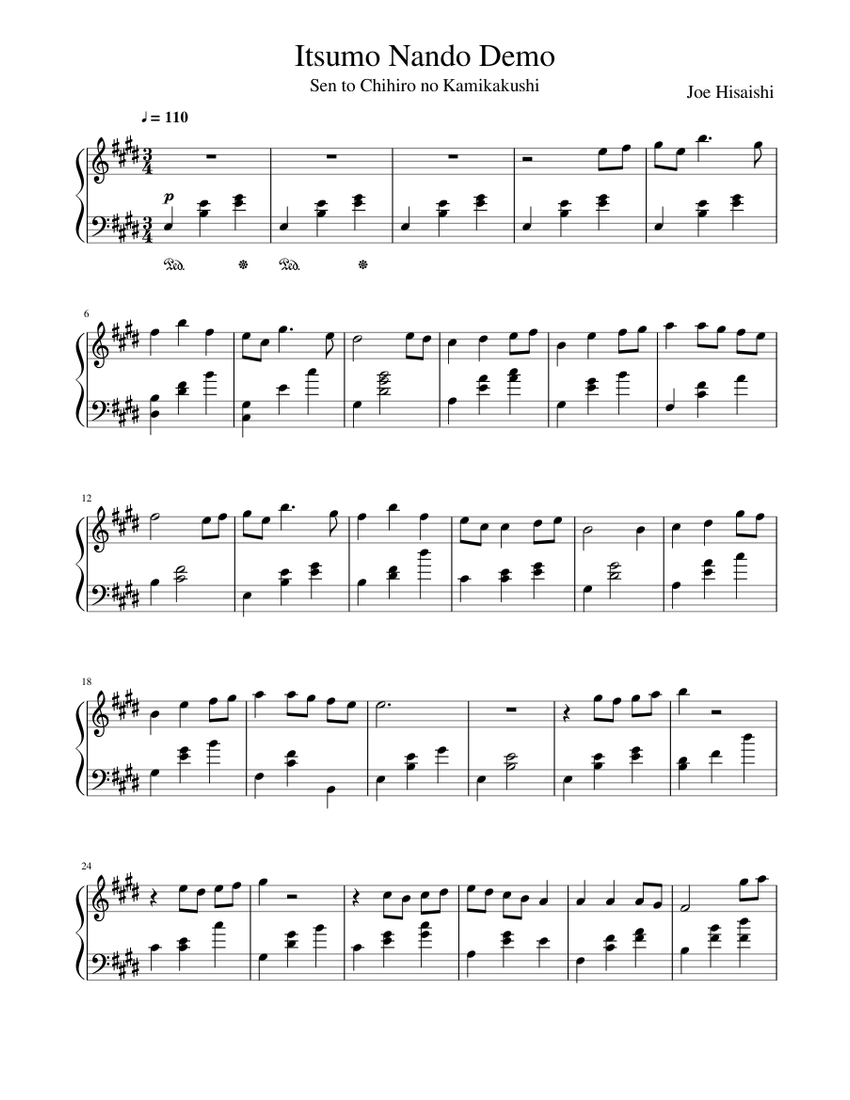 Itsumo Nando Demo - Sen to Chihiro no Kamikakushi Sheet music for Piano ...