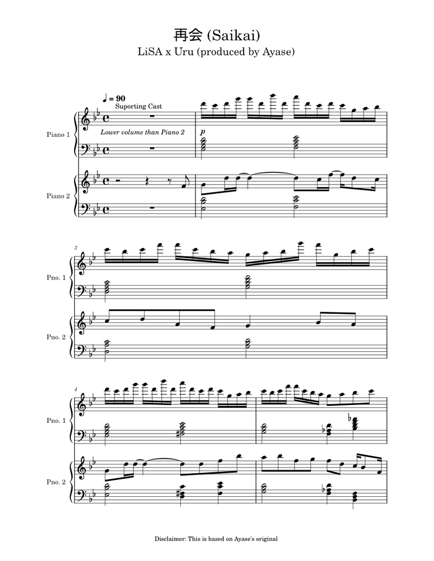 Saikai – Ayase 再会 (Saikai) - LiSA x Uru (produced by Ayase) for 2 pianos Sheet music for Piano ...
