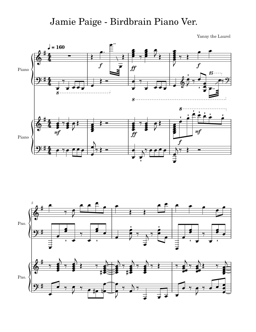 Jamie Paige - Birdbrain Piano Ver. – Yanny the Laurel Sheet Music for ...