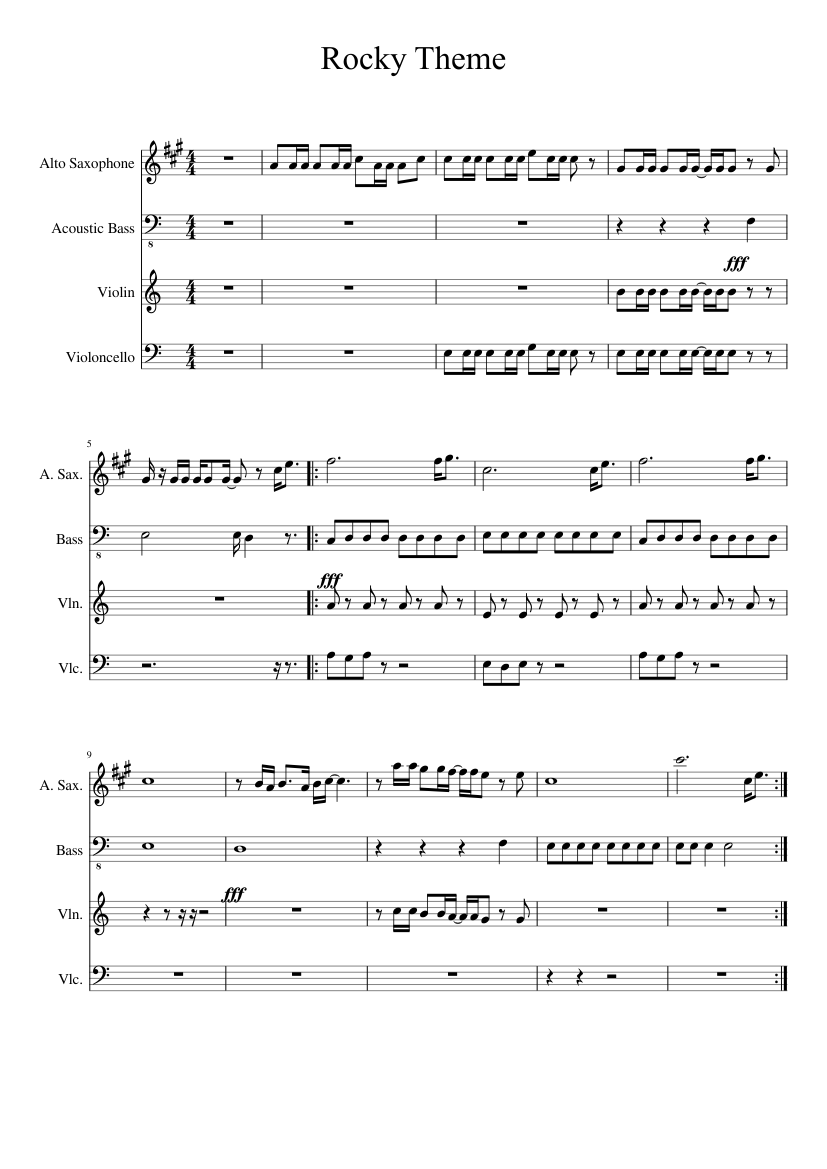 Rocky Theme Sheet Music for Saxophone alto, Violin, Cello, Bass guitar ...