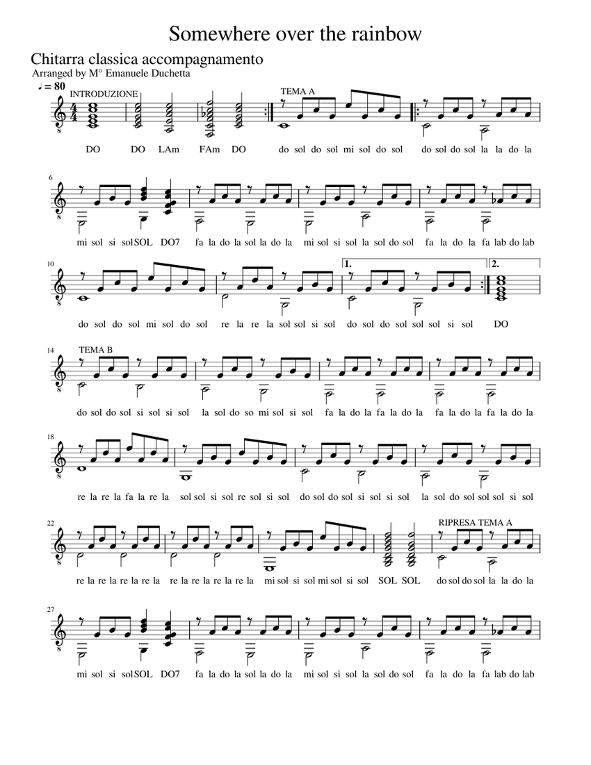 Somewhere over the rainbow-Chitarra classica accompagnamento Sheet ...