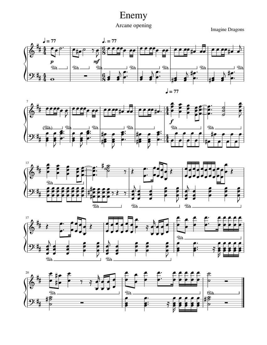 Enemy – Imagine Dragons x J.I.D (From Arcane) Sheet music for Piano ...