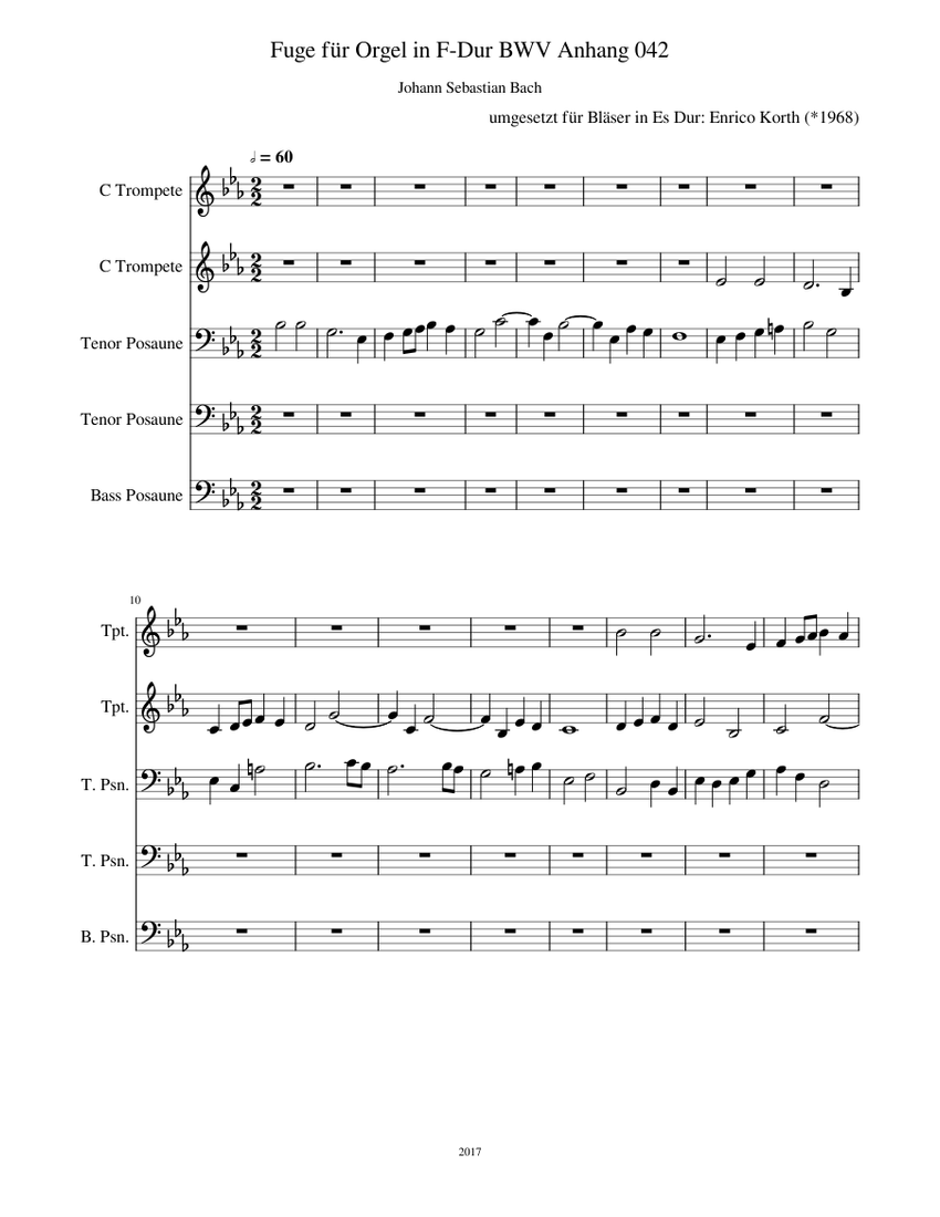 Fuge BWV 042 im Original in F-Dur Sheet music for Trombone tenor ...