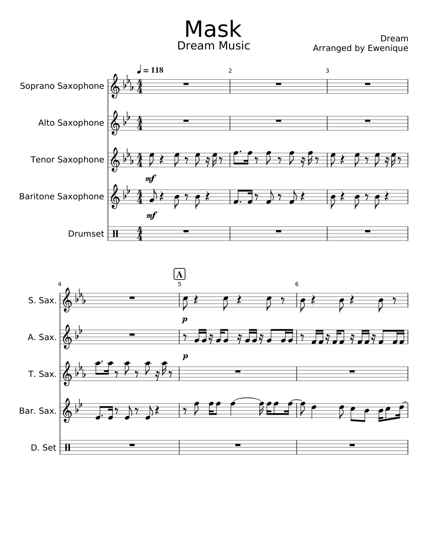 Mask - for Sax Quartet+ Sheet music for Saxophone alto, Saxophone tenor ...
