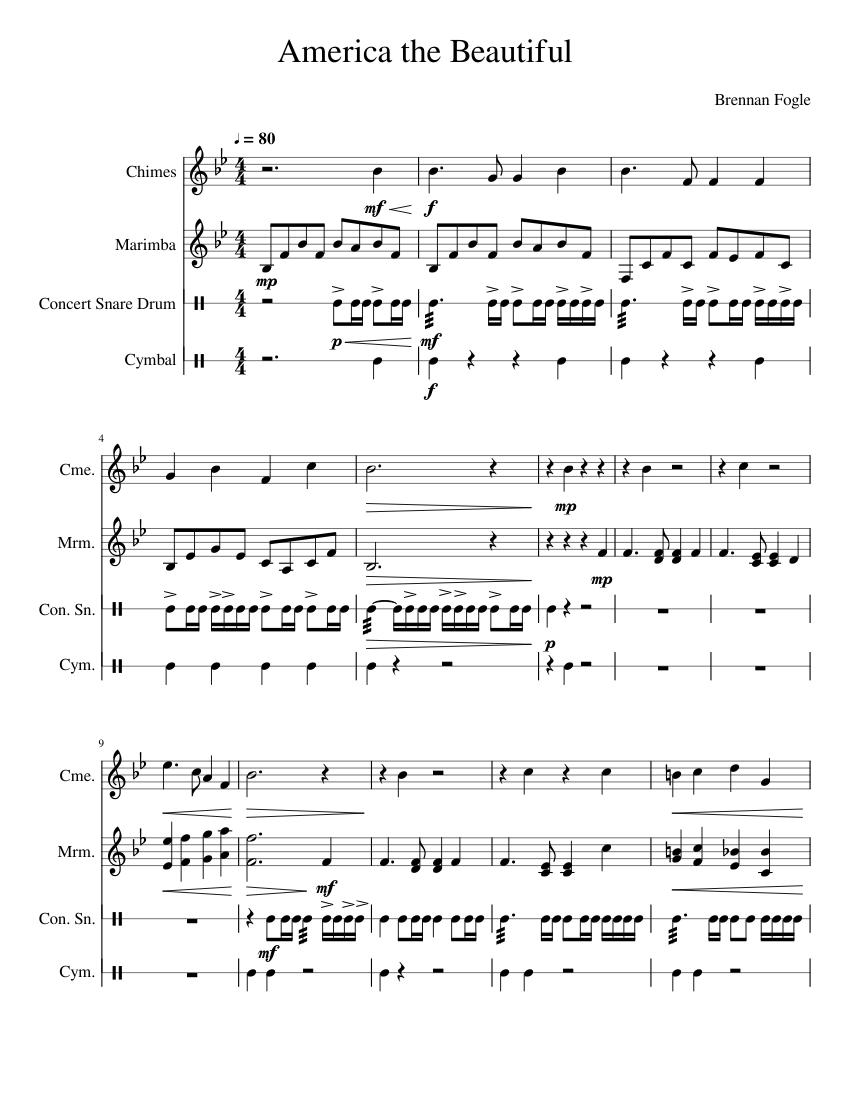 America the Beautiful Sheet music for Snare drum, Crash, Marimba ...