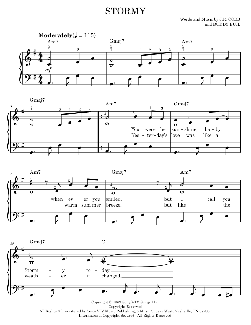 Play Official version of Stormy Sheet Music by Classics IV for Piano ...