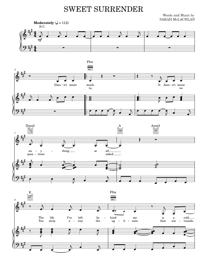 sweet surrender Sheet music for Piano, Vocals by Sarah McLachlan ...