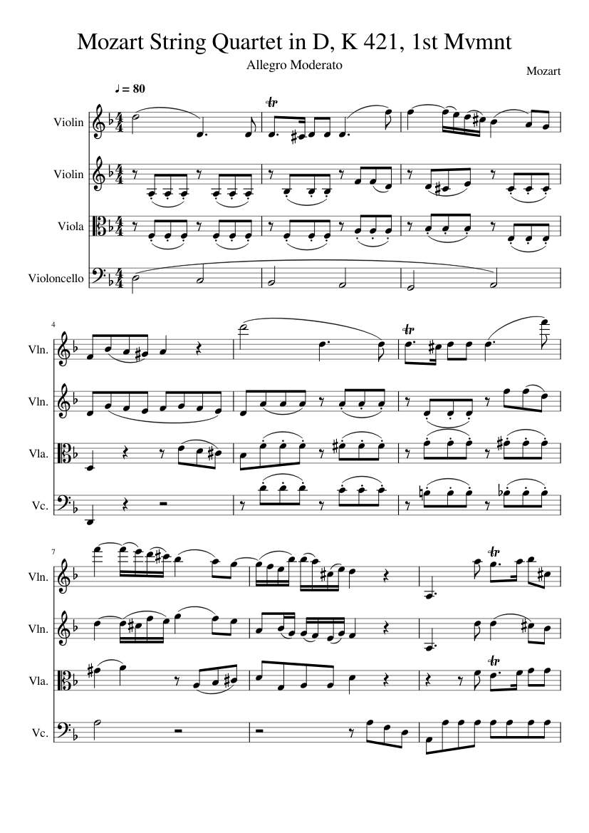 Mozart String Quartet in D K. 421, 1st Mvmnt. Sheet Music for Violin, Viola, Cello (String ...