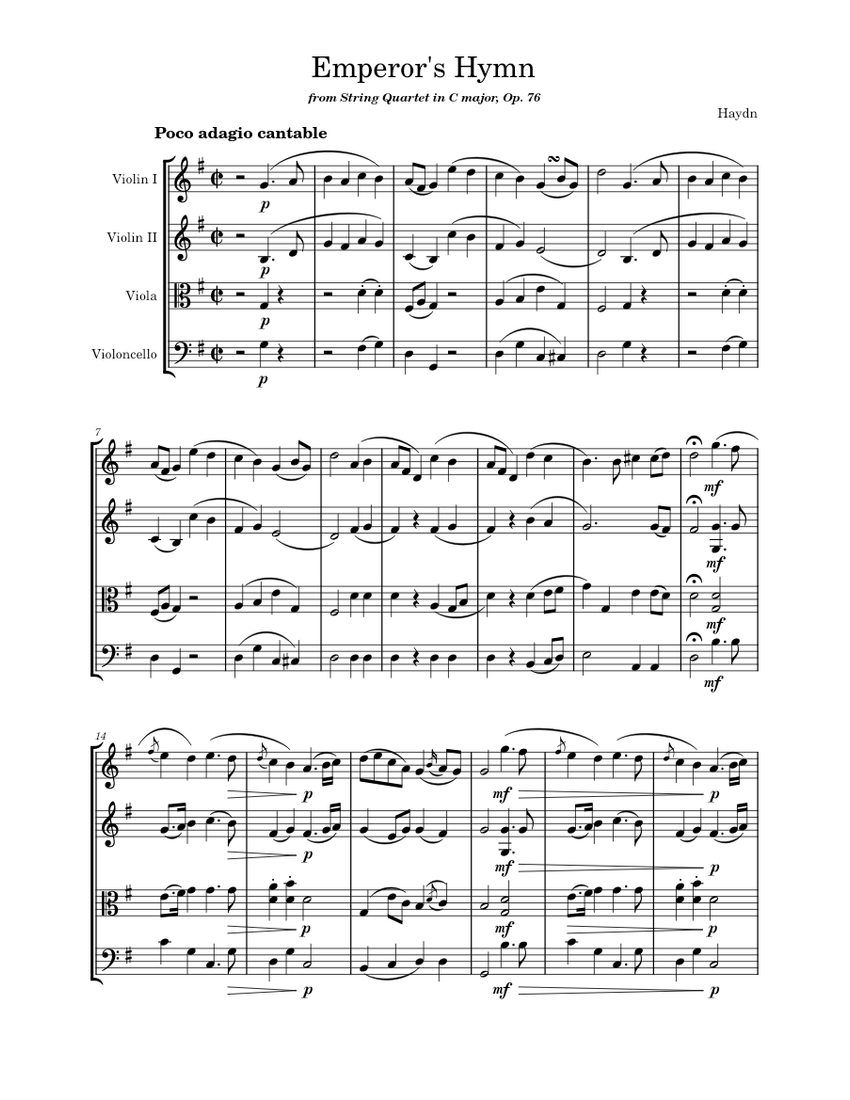 String Quartet in C major (“Emperor”) Op. 76 No. 3 - Franz Joseph Haydn (1732-1809) Sheet music ...