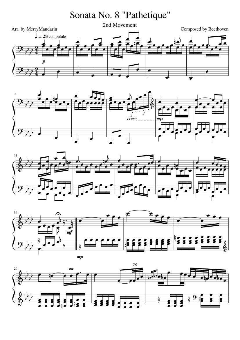 Sonata No. 8, 2nd Movement (Pathétique) – Ludwig van Beethoven Sheet Music for Piano (Solo ...