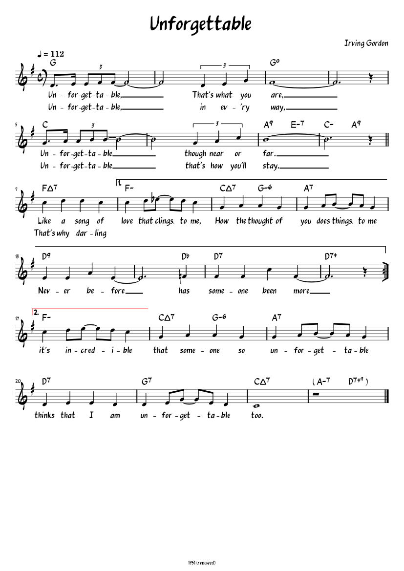 Unforgettable (Lead sheet with lyrics ) Sheet Music with Chords for ...