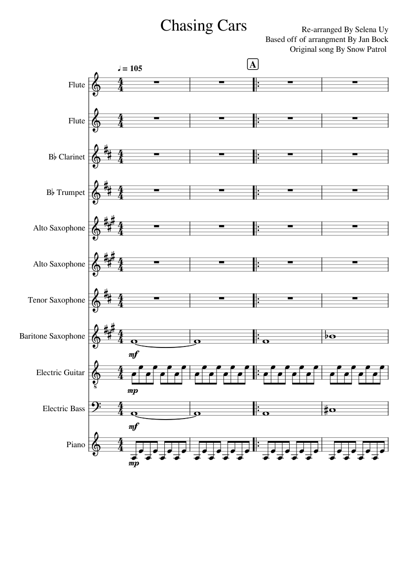CHASING CARS BY SNOW PATROL Sheet Music for Piano, Flute, Clarinet in b ...