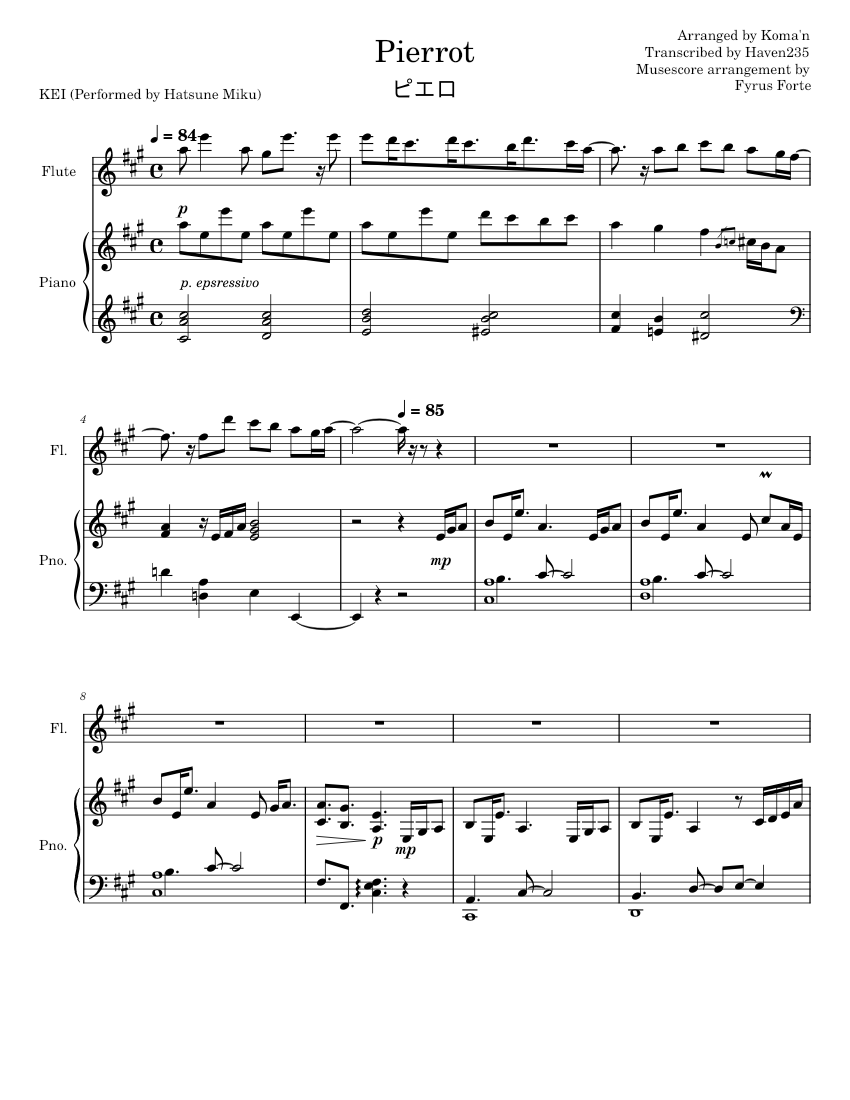 Pierrot / ピエロ – KEI (Vocaloid music artist) – piano & flute duet Sheet ...