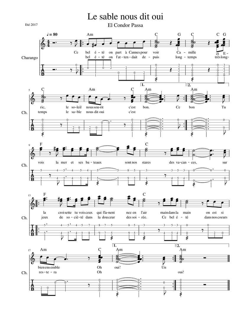 Le Sable Nous Dit Oui Sheet music for Bass, Ukulele (Mixed Duet ...