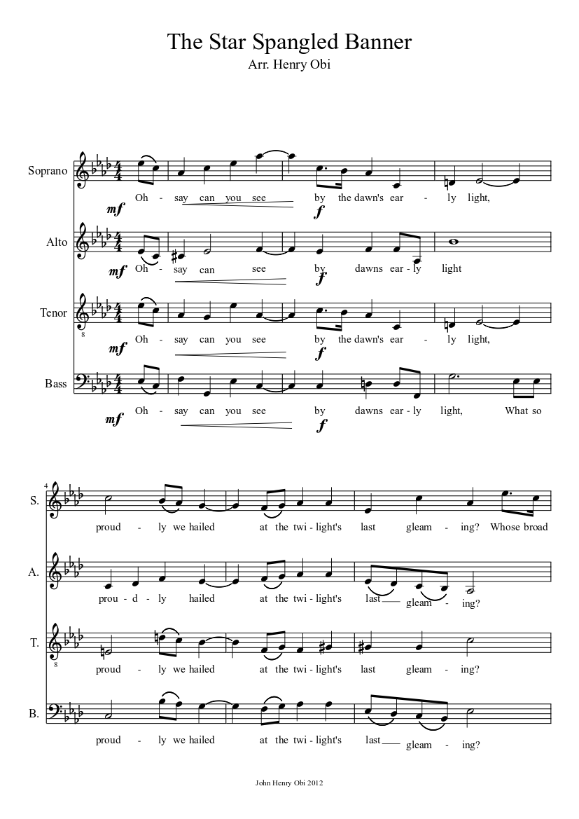 The star spangled banner for SATB choir Sheet Music for Bass guitar ...
