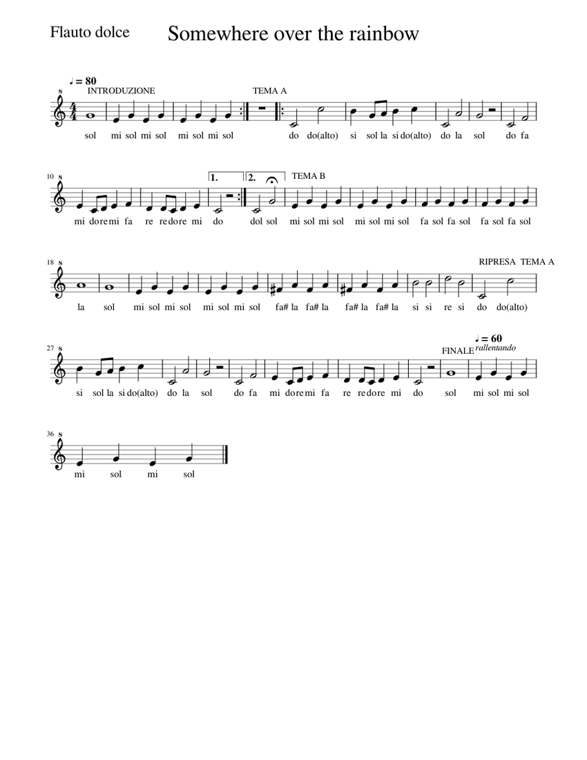 Somewhere over the rainbow-Flauto dolce Sheet music for Recorder (Solo ...