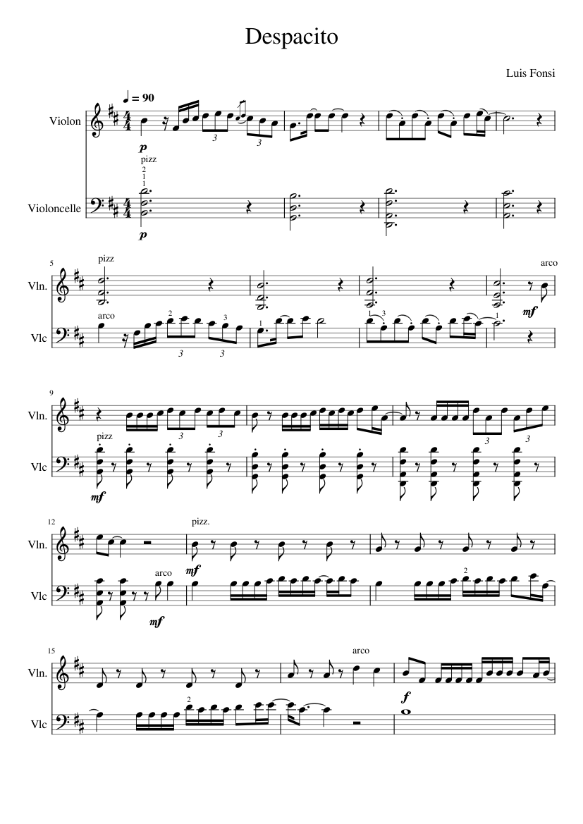 Despacito - Luis Fonsi Sheet Music for Violin, Cello (String Duet ...