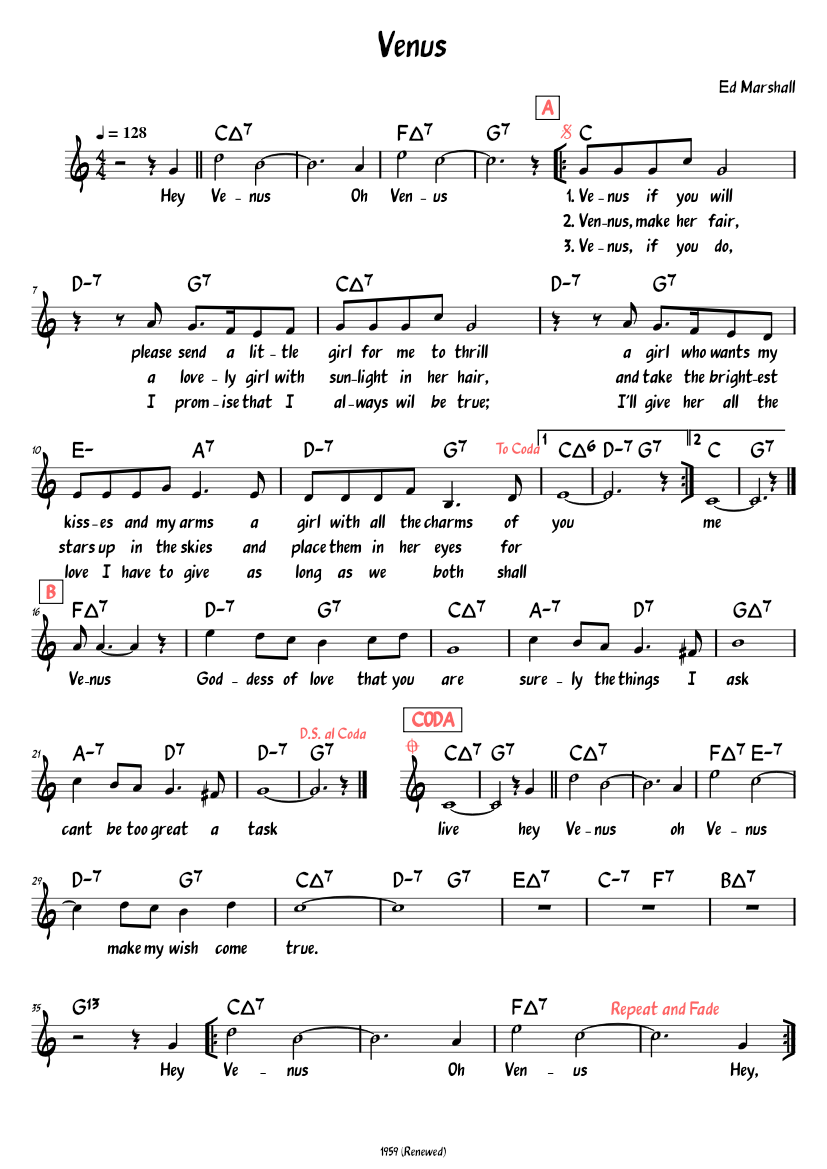 Venus (Lead Sheet with lyrics ) Sheet music for Piano (Solo ...