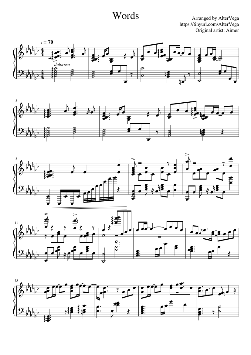 Words- Aimer(Arrangement by AlterVega) Sheet Music for Piano (Solo ...