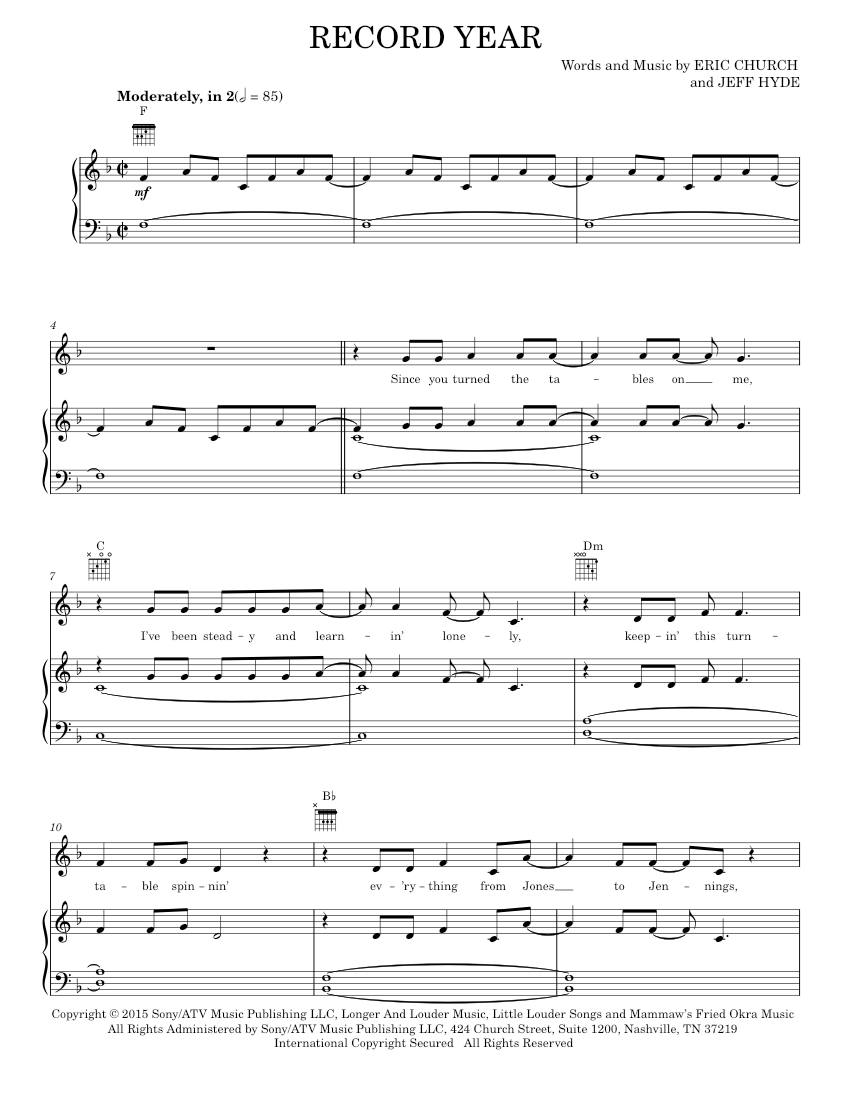 Play Official version of Record year Sheet Music by Eric Church for ...