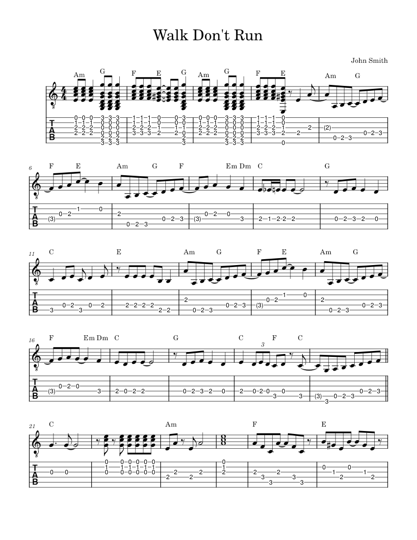 Walk Don't Run (Easy Guitar TAB) - Johnny Smith (The Ventures) Sheet ...