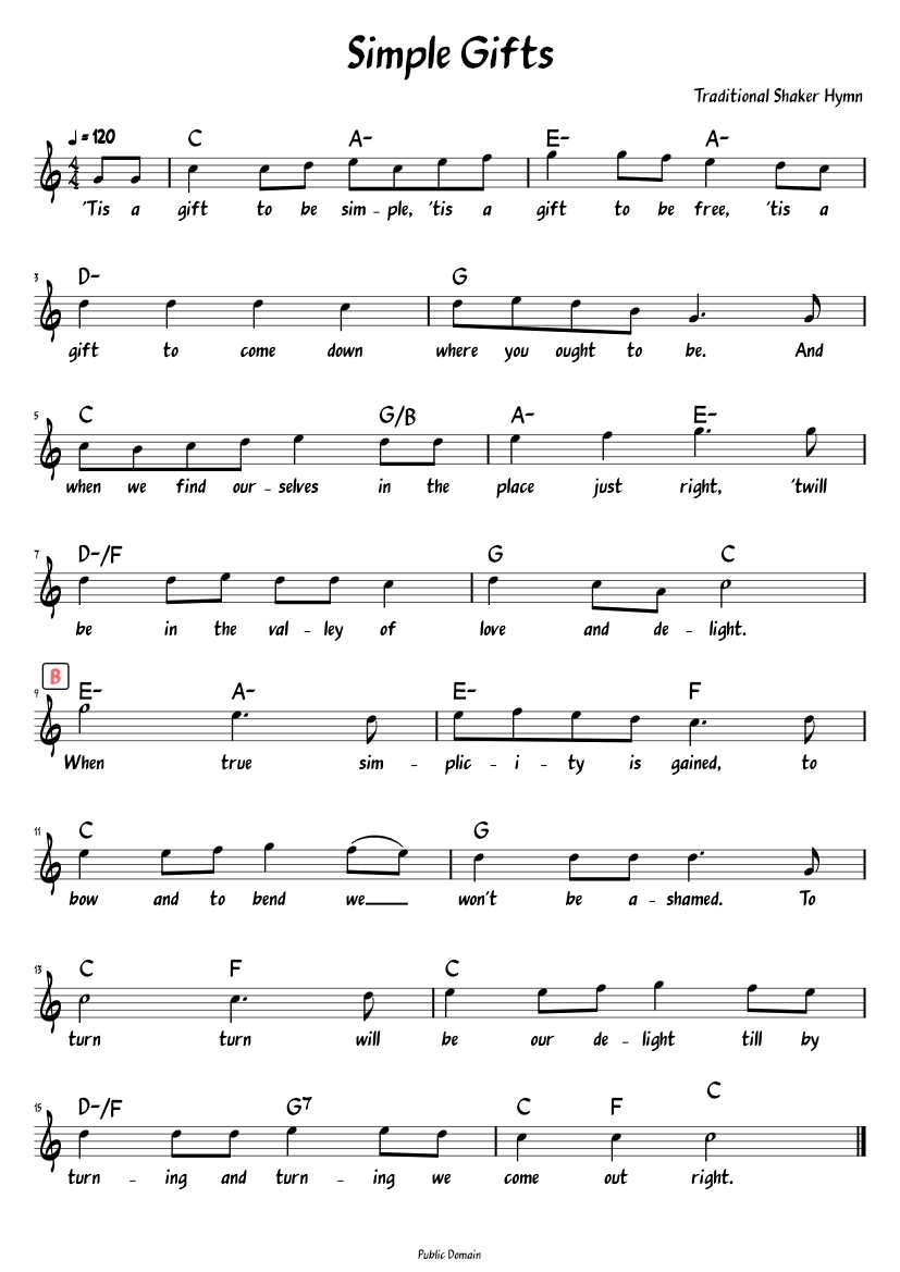 Simple Gifts (Lead sheet with lyrics ) Sheet Music with Chords for ...