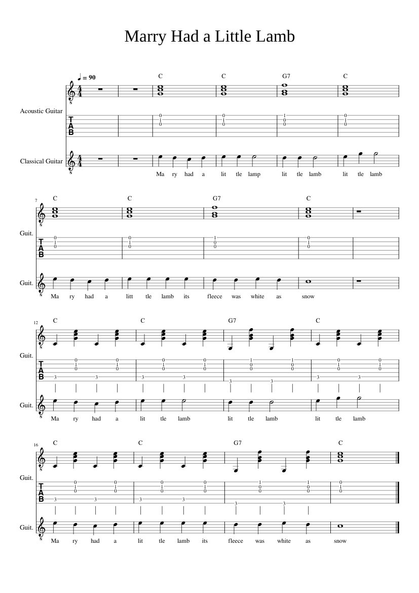 Marry Had a Little Lamb Fox rhythm Sheet music for Guitar (Mixed Duet ...