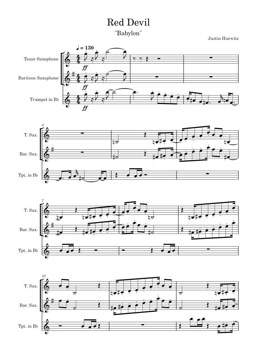 Red Devil – Justin Hurwitz Sheet music for Saxophone tenor, Saxophone ...