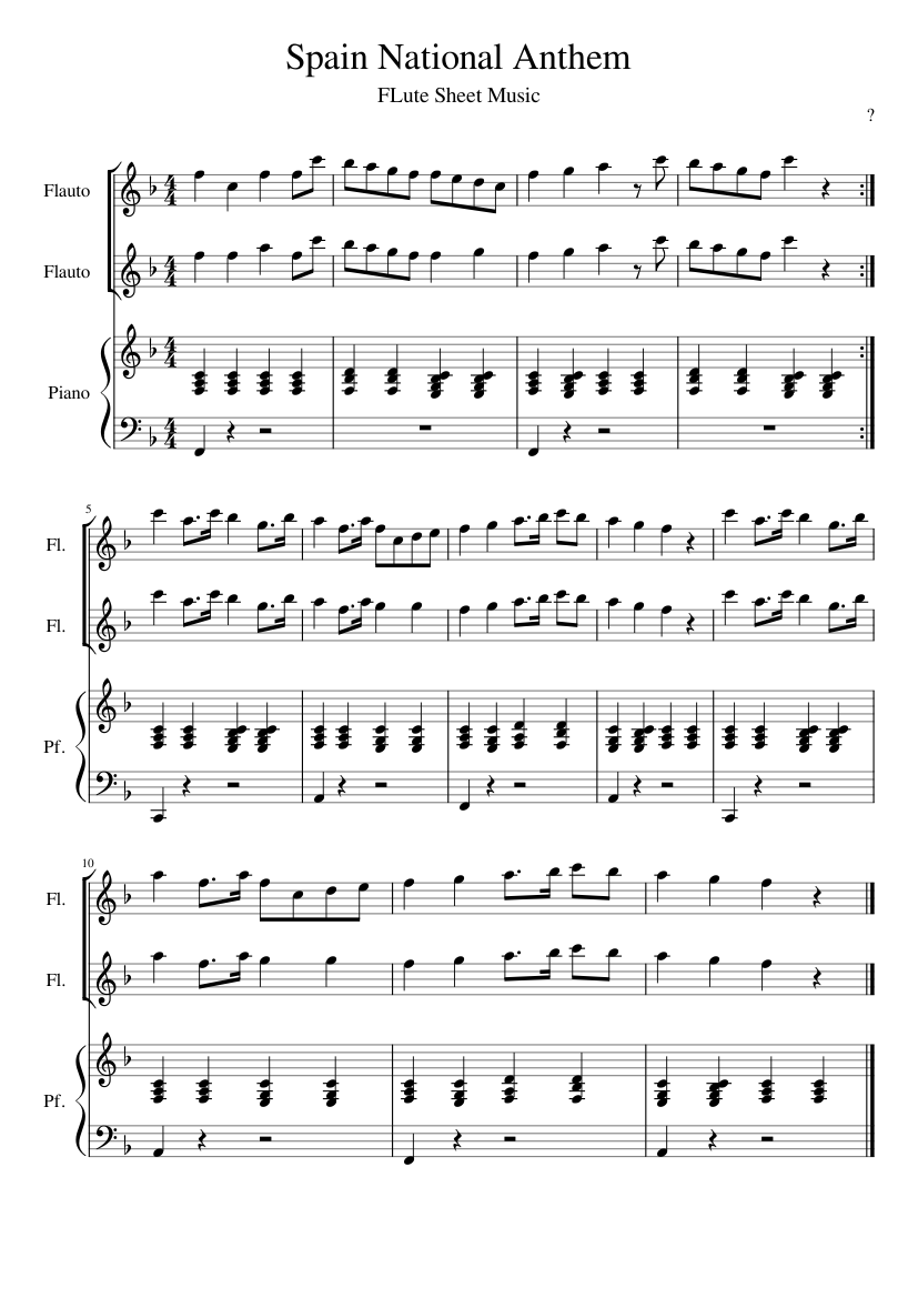 Spain National Anthem Sheet music for Piano, Flute (Mixed Duet ...