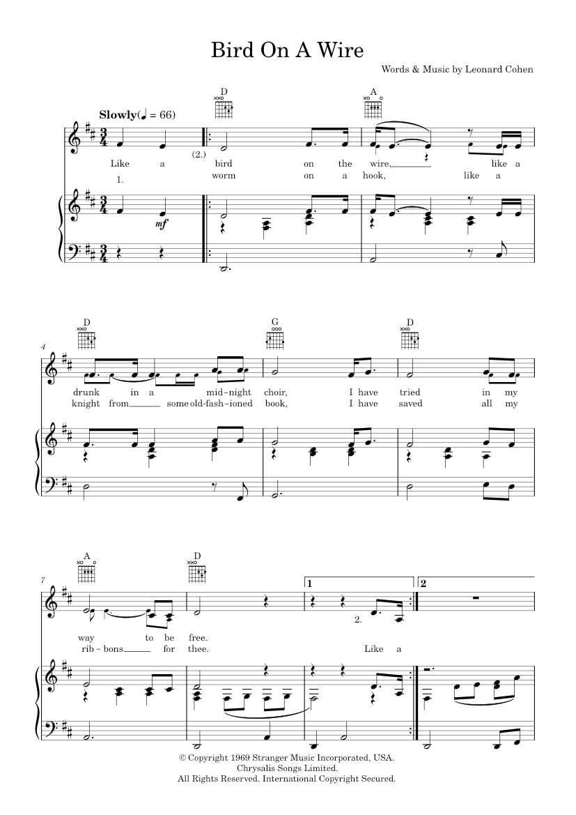 Bird On A Wire Sheet music for Piano, Vocals by Aaron Neville, Leonard ...