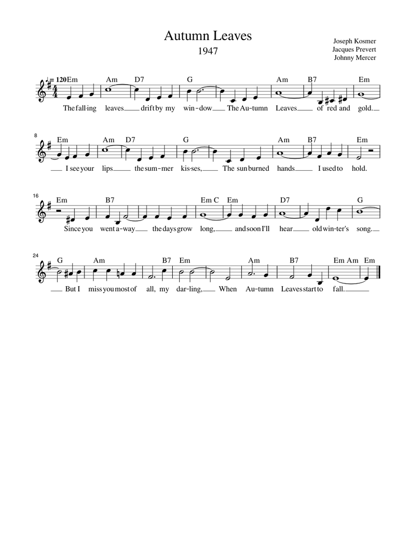 Autumn Leaves Sheet music for Piano (Solo) | Musescore.com