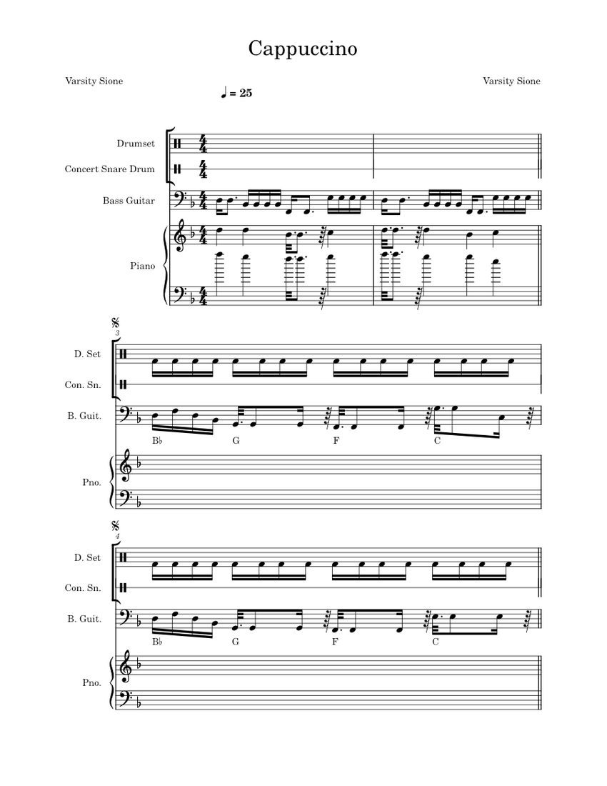 Cappuccino Sheet music for Piano, Snare drum, Bass guitar, Drum group ...