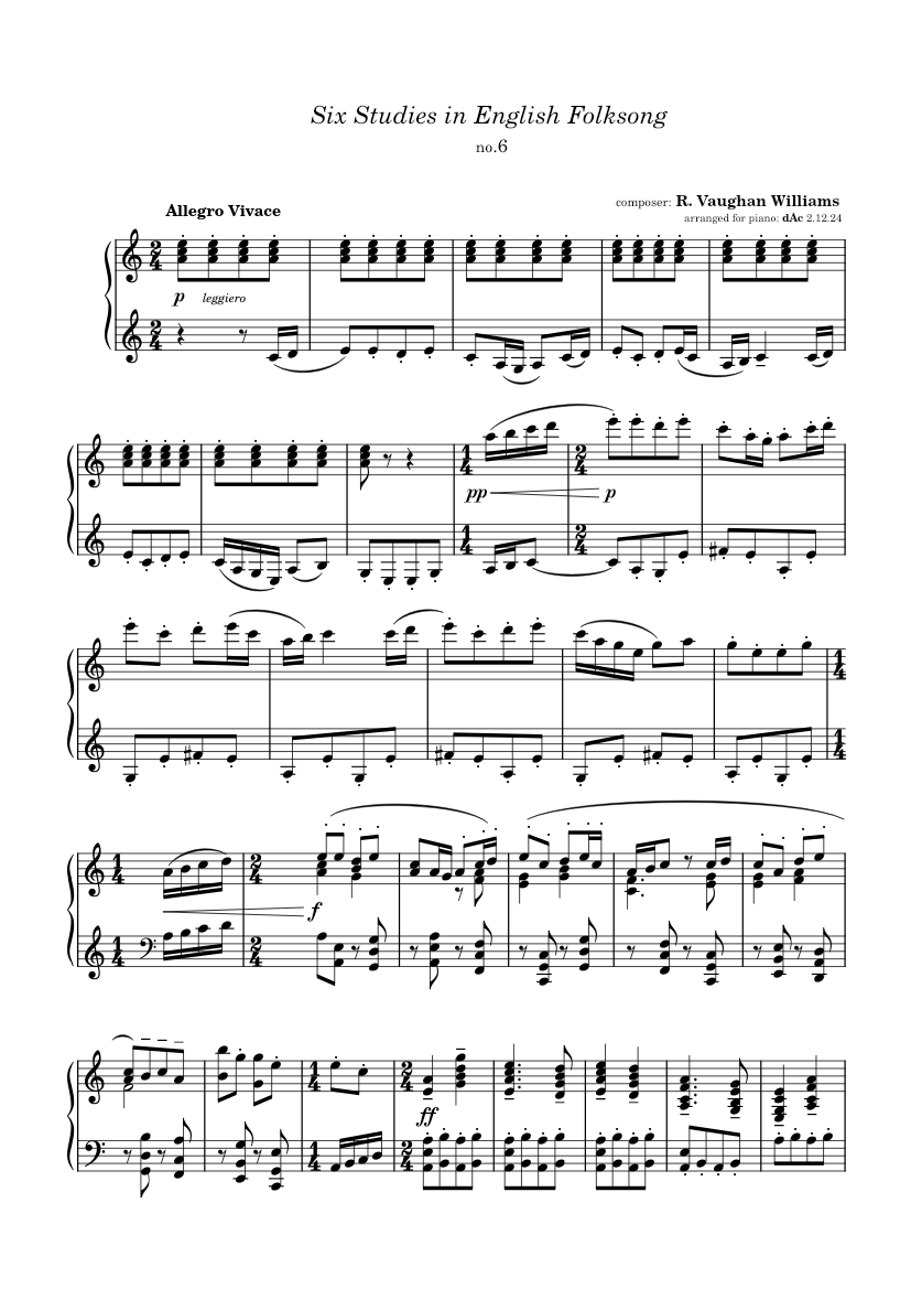 Six Studies in English Folksong, no.6 Sheet Music for Piano (Solo ...