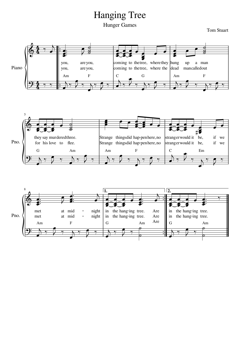 The Hanging Tree – James Newton Howard Sheet Music for Piano (Solo ...