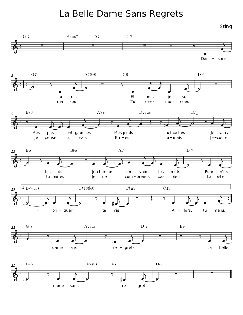La belle dame sans regrets - Sting Sheet music for Vocals (Solo) | Musescore.com