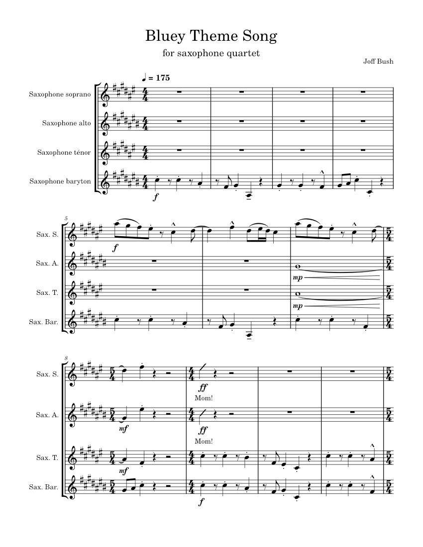 Bluey theme song for saxophone quartet Sheet music for Saxophone alto, Saxophone tenor ...