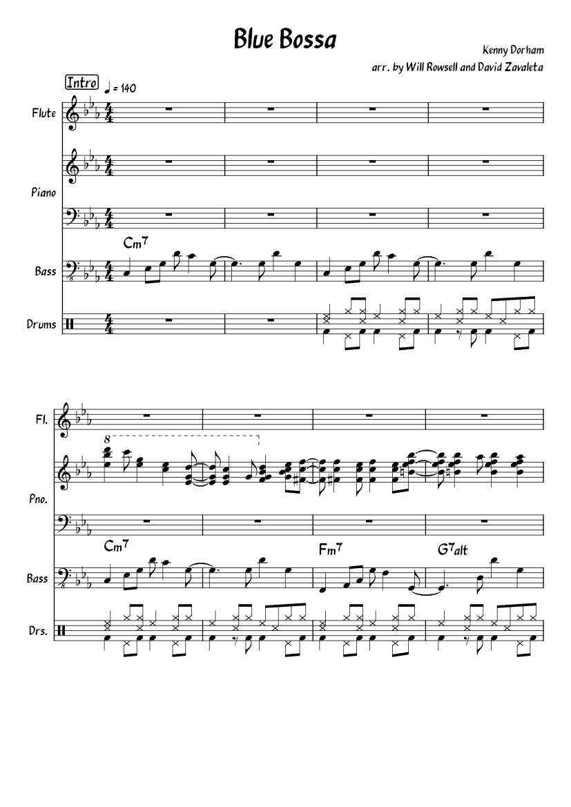 Blue Bossa Sheet Music with Chords for Piano, Flute, Bass guitar (Mixed ...