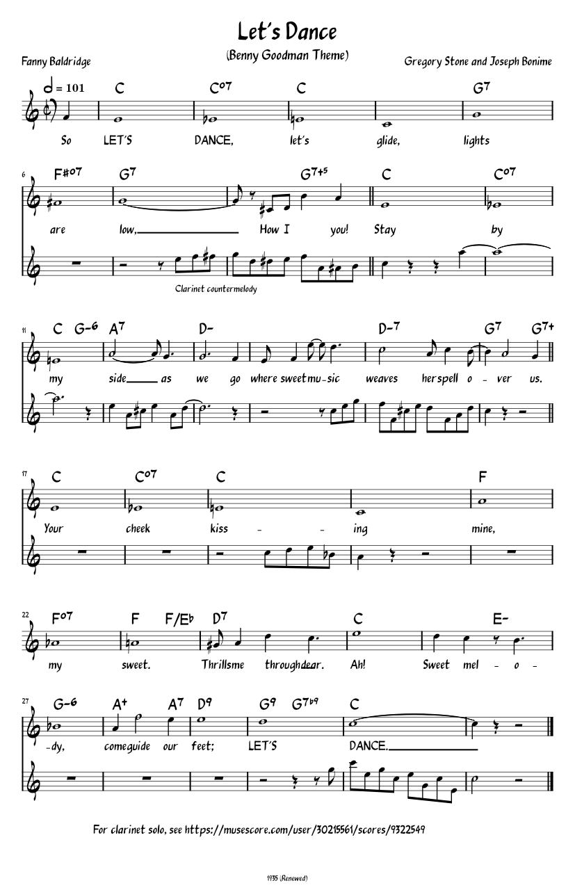Let's Dance (Benny Goodman Theme) (Lead sheet with lyrics and clarinet ...