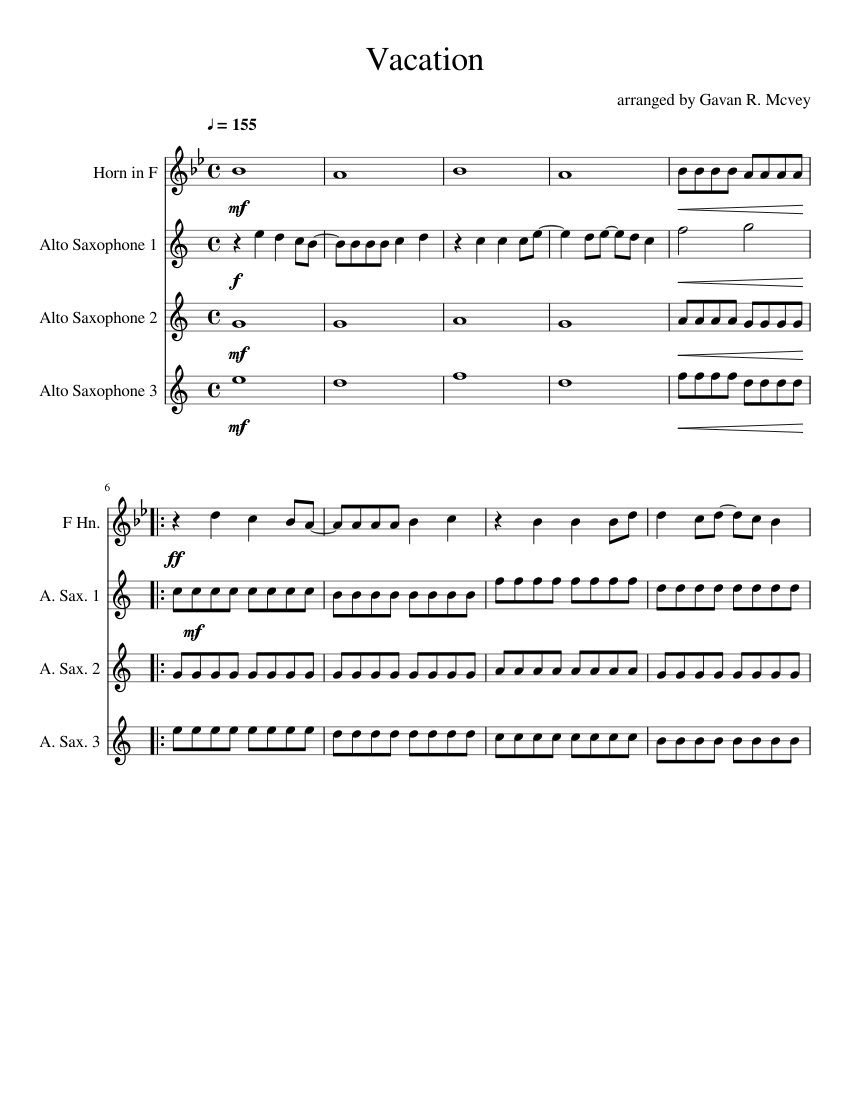 Vacation Sheet music for Saxophone alto, French horn (Mixed Quartet ...