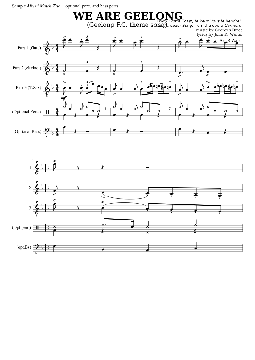 We Are Geelong Sheet Music for Flute, Clarinet in b-flat, Saxophone ...