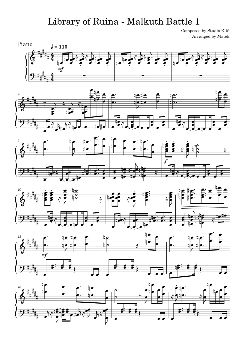 Library of Ruina (Malkuth Battle 1) – StudioEIM Sheet Music for Piano ...