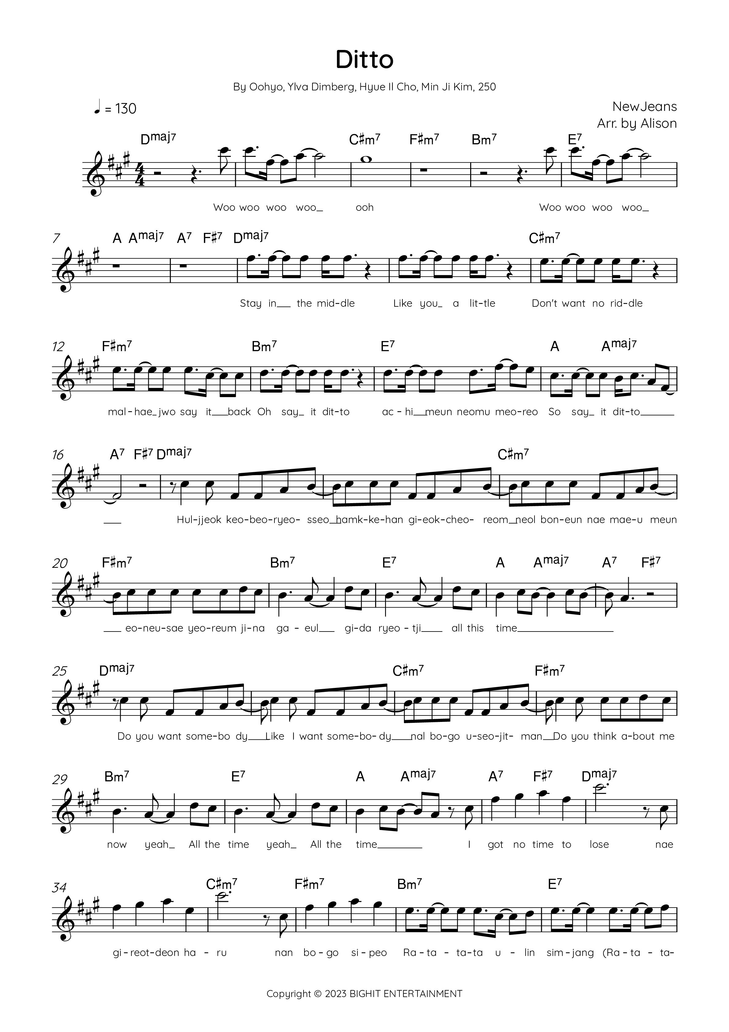 Play Official version of Ditto Sheet Music by NewJeans for Vocals ...