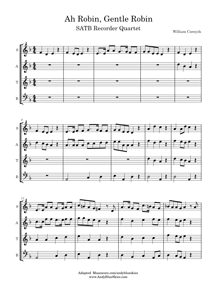 Ah, Robin, Gentle Robin SATB Recorder Quartet – William Cornysh Sheet ...