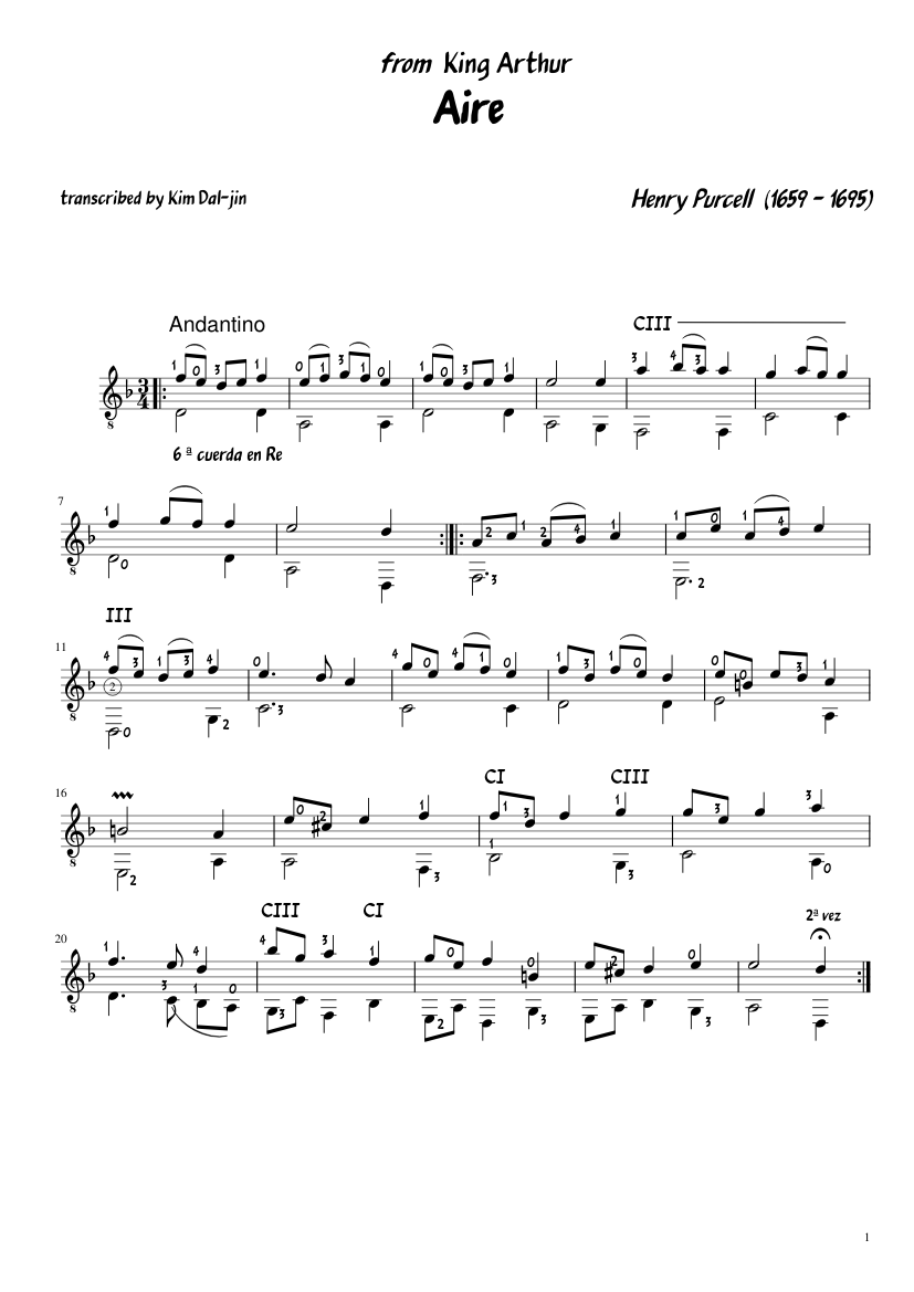 Aire from King Arthur By Henry Purcell - Guitar Sheet music for Guitar ...