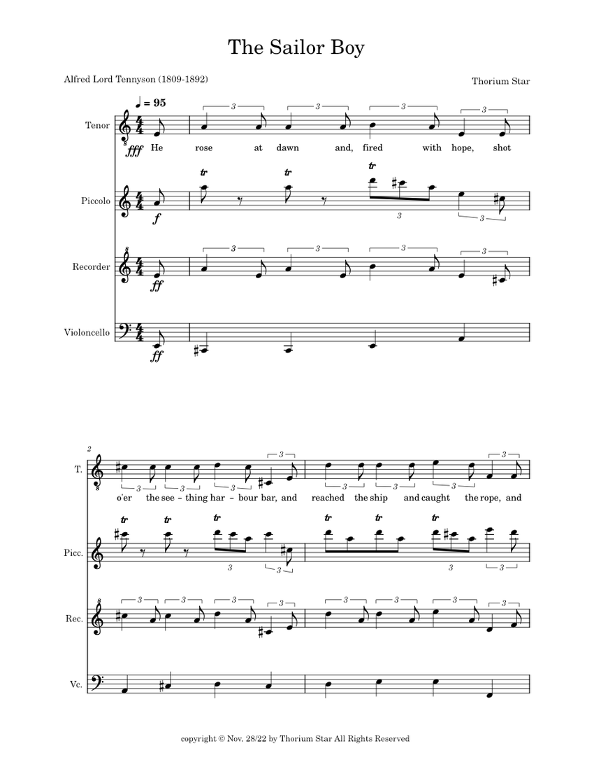 The Sailor Boy Sheet music for Tenor, Flute piccolo, Cello, Recorder ...