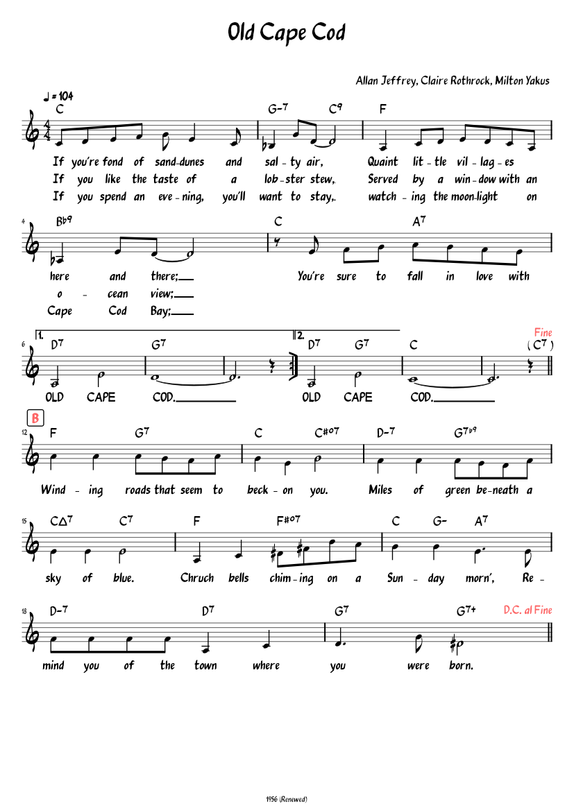 Old Cape Cod (Lead sheet with lyrics ) Sheet music for Piano (Solo ...