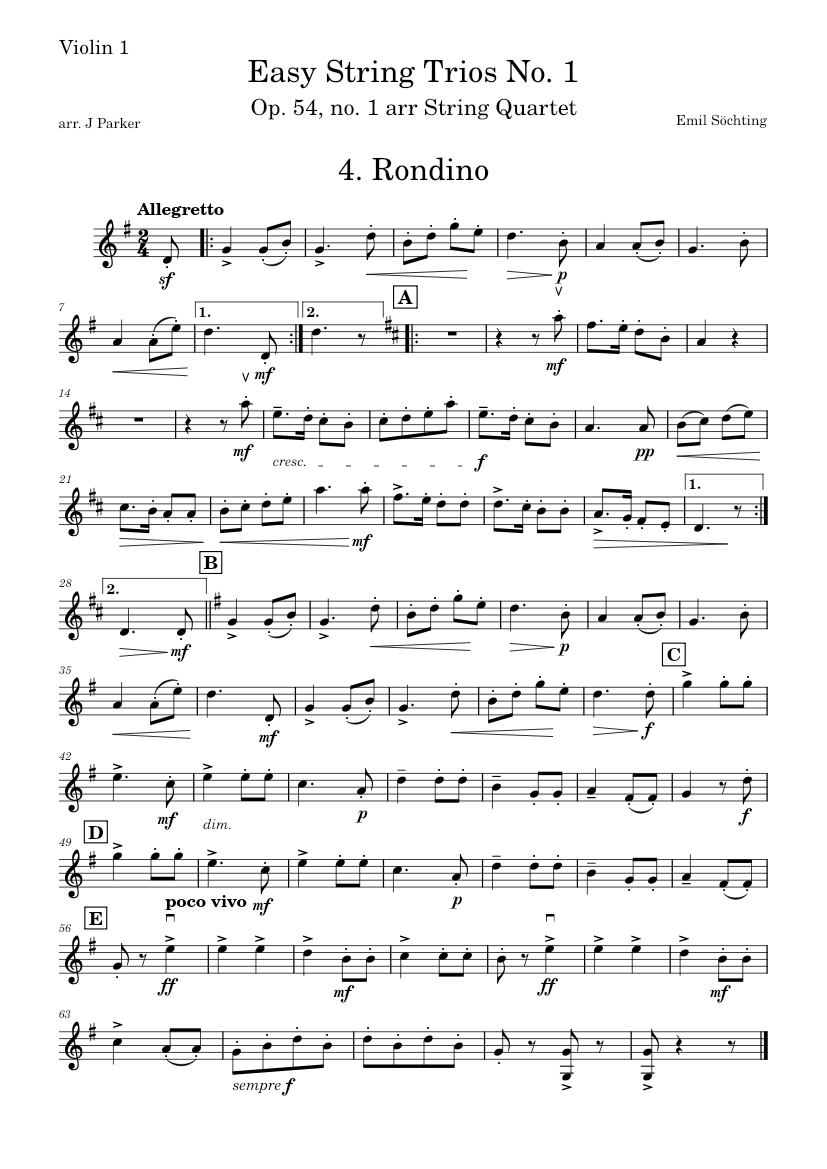 Easy Trio Op.54 No. 1 arr. String Quartet Mvt. 4 – Emil Söchting Violin 1 PART Sheet music for ...