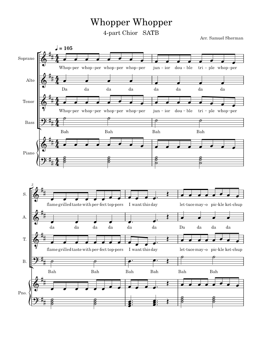 Whopper Whopper Choral Arrangement - Arr. Samuel Sherman Sheet music ...