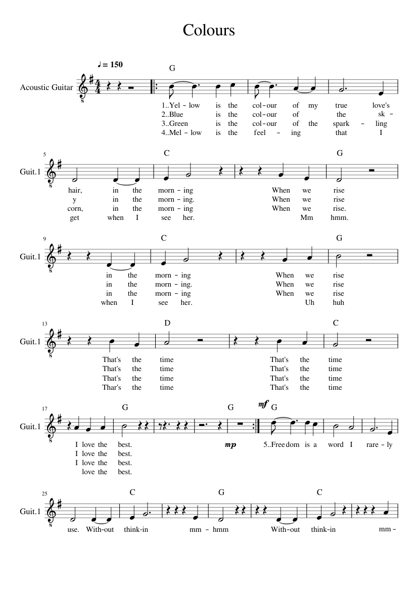 Colours Sheet Music for Violin, Guitar, Bass guitar, Drum group & more ...